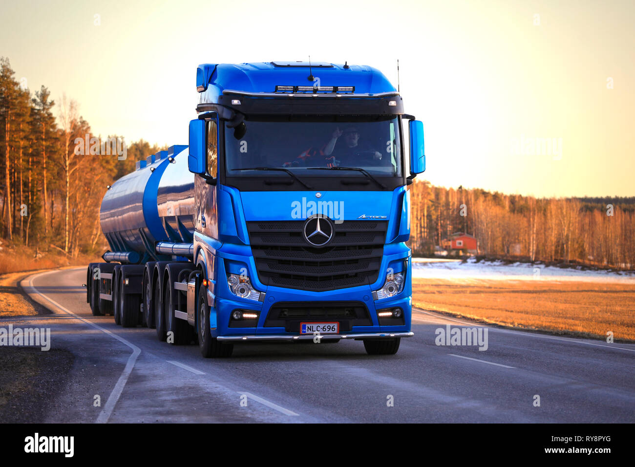 Salo, Finland - March 1, 2019: Blue Mercedes-Benz Actros tank truck for ...
