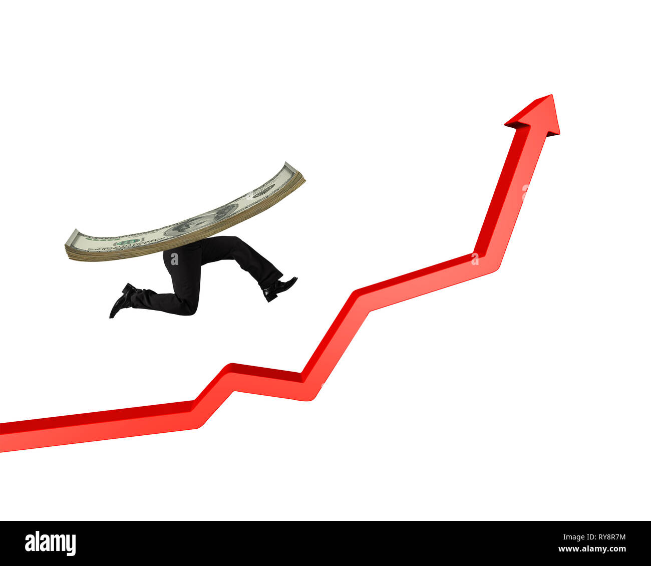 Running money with human legs on red arrow up graph, isolated on white ...