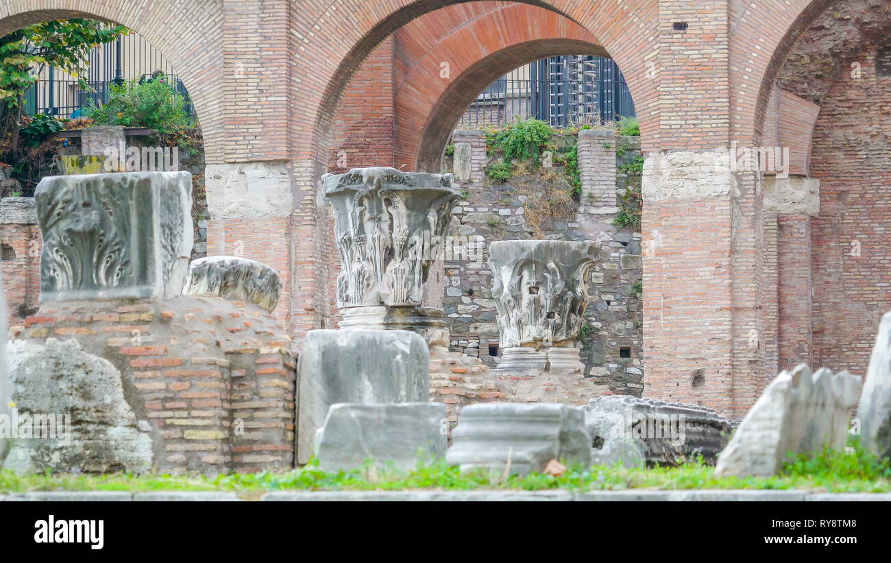 Small fountains in the middle of the Roman Forum and the rubbles on the ...