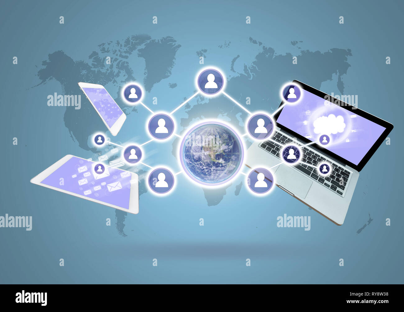 Social network with Technology devise on world map background, Elements ...