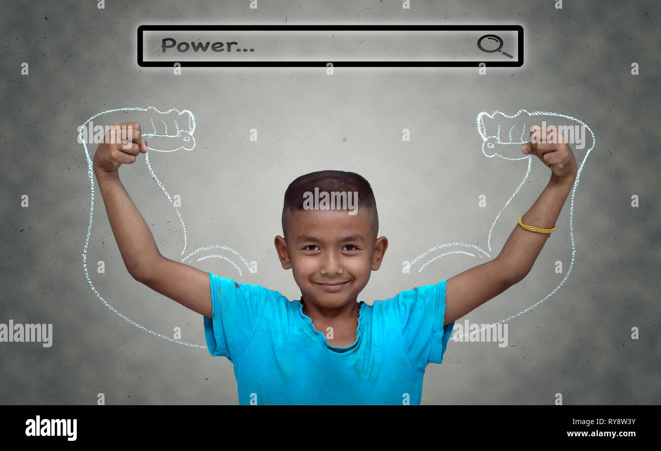 Asian strong boy with browsing of Internet searching bar with "Power ...