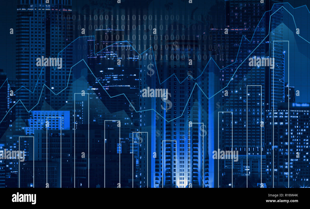 Trading graph on the cityscape at night and world map background ...