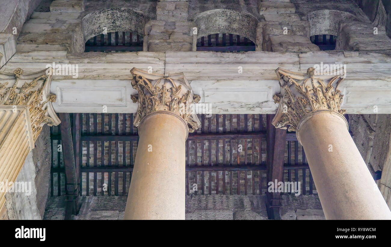 The tall beams in the cathedral in Pantheon Rome Italy with the details ...