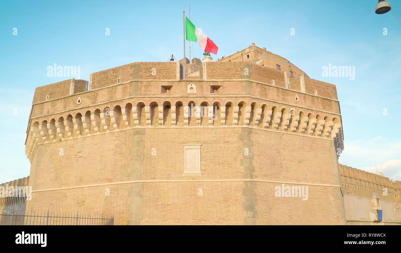 An Italian flag on the tower of the castle in Rome Italy the Sant ...