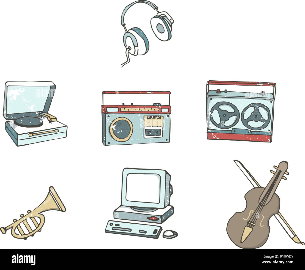 Vintage audio players. Music record. Cartoon in retro style with grunge ...