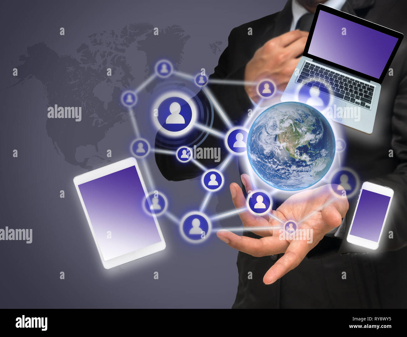 Businessman with show hand posture with the Social media and technology ...