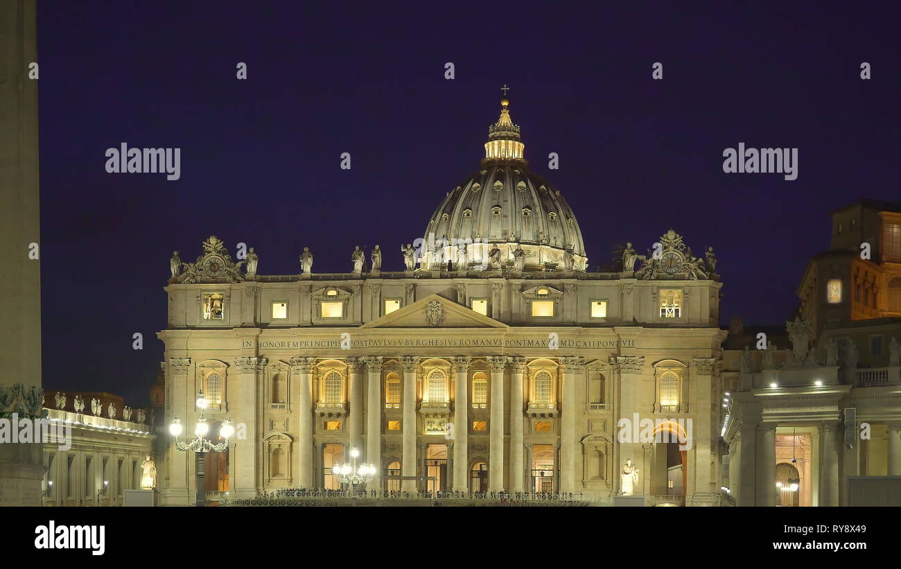 View of the Basilica of Saint Peter in Rome Italy at night with the ...