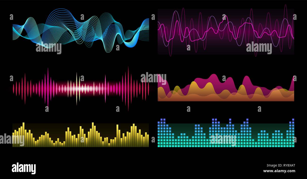 Colorful sound waves on black background set, audio player, equalizer Stock Vector Image & Art ...