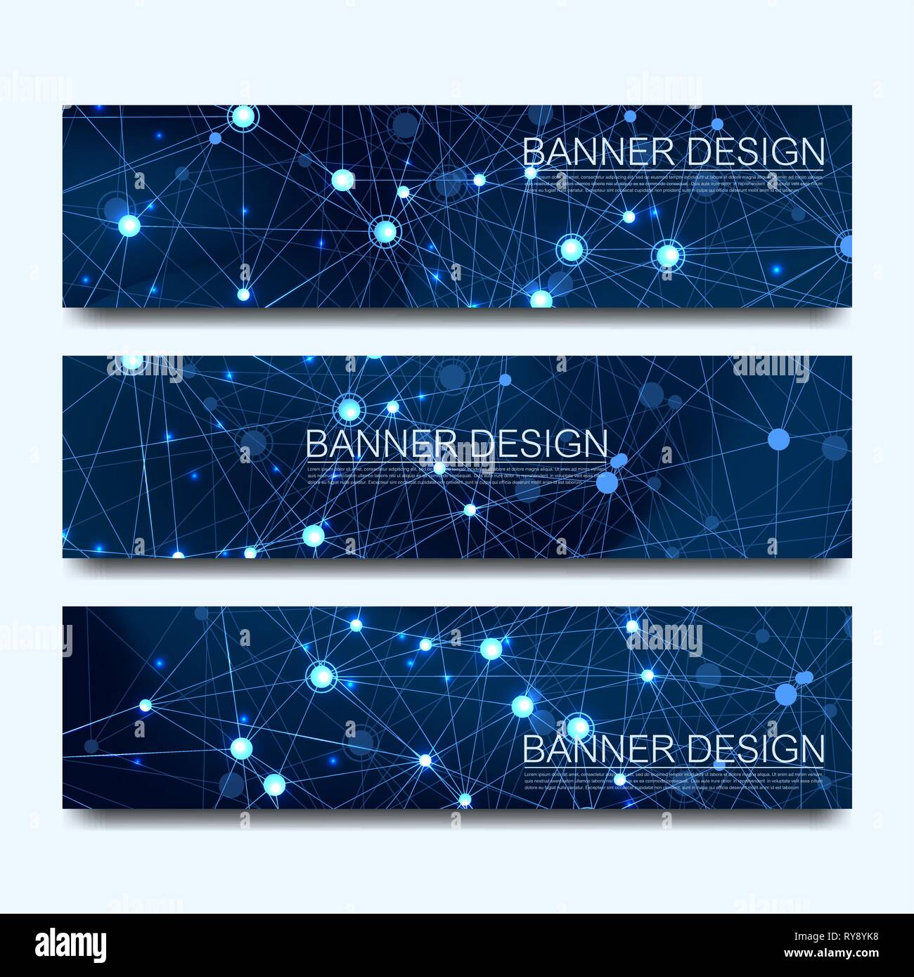 Abstract molecules banners set with lines, dots, circles, polygons ...