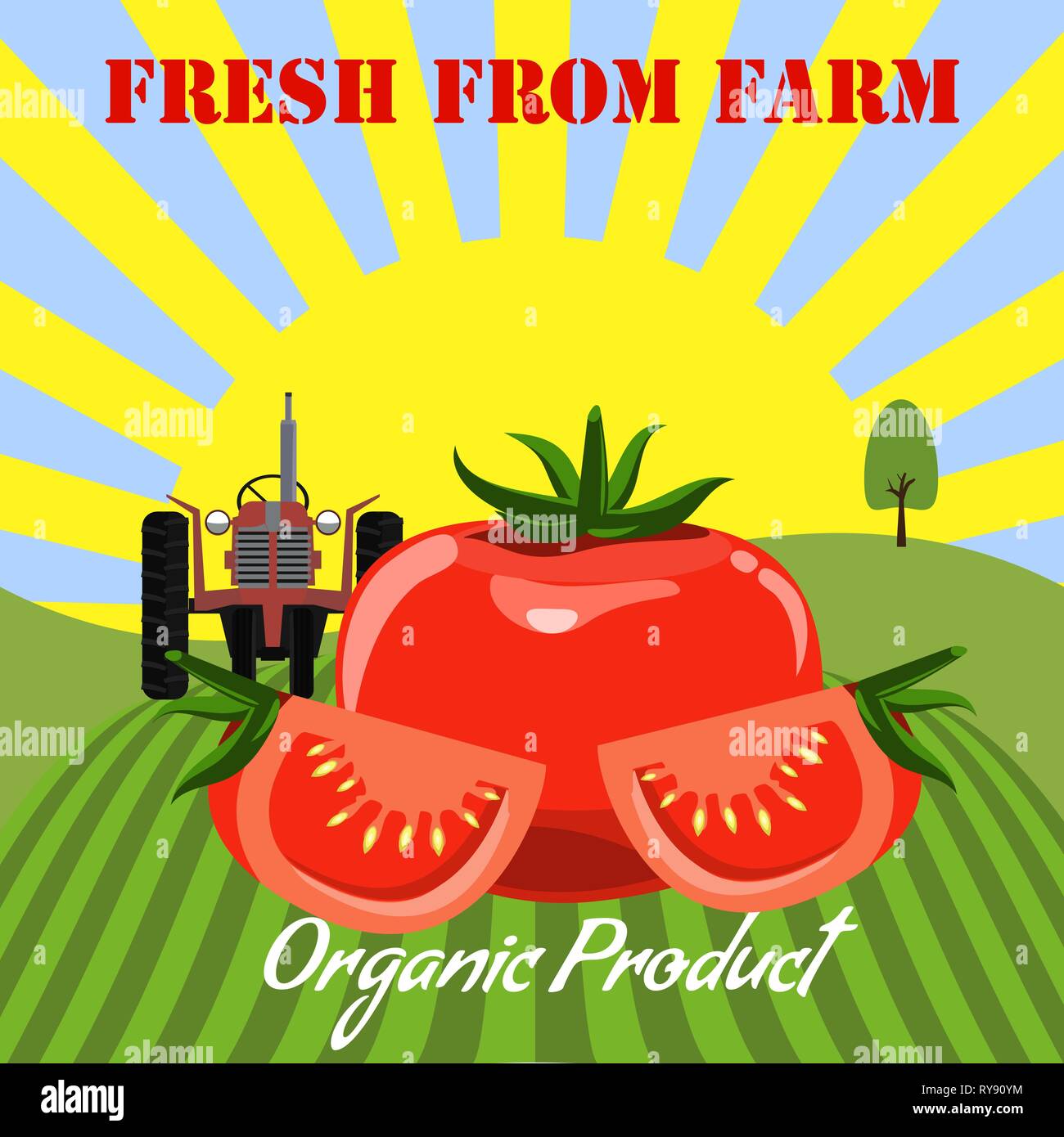 Tomato mockup in farm landscape background. Label design for tomato ...