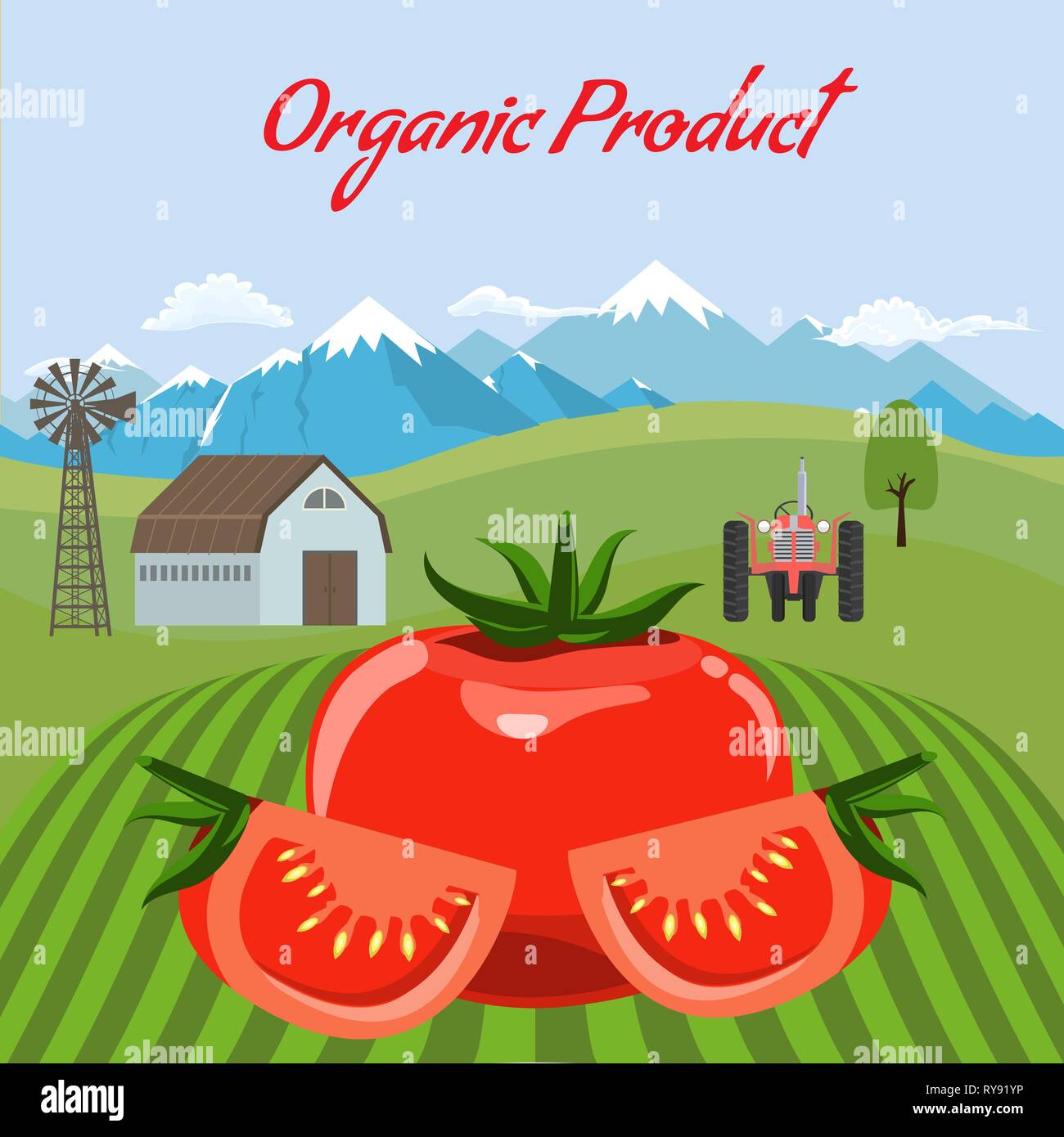 Tomato mockup in farm landscape background. Label design for tomato ...