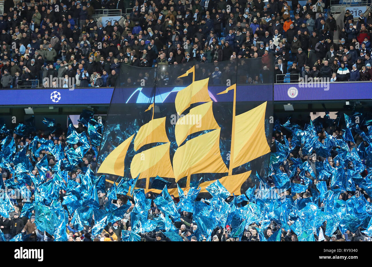 A boat flag is raised by fans during the UEFA Champions League round of ...