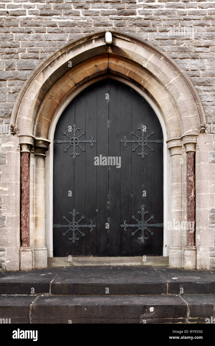 black church wooden doors, entrance, exit, metal hinges Stock Photo - Alamy
