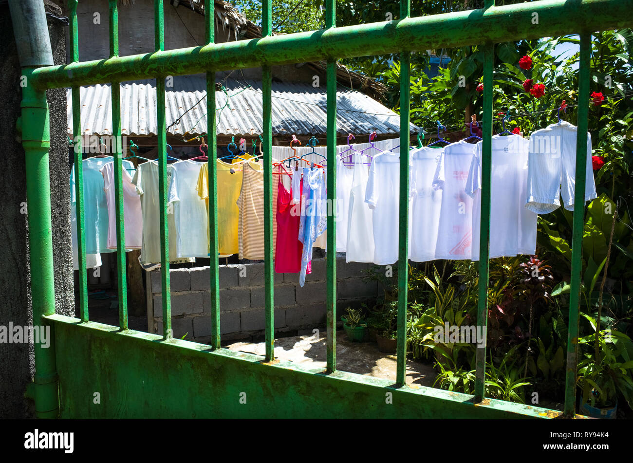 Colorful hand washed shirts hanging and drying on clothesline in El ...