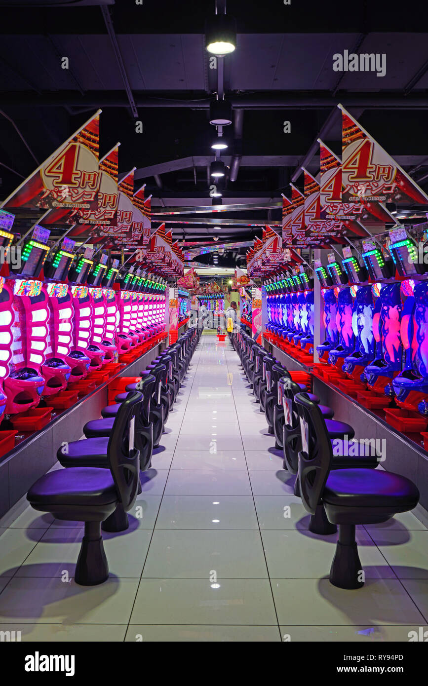 OSAKA, JAPAN -26 FEB 2019- View of a pachinko slot game parlor in Osaka ...