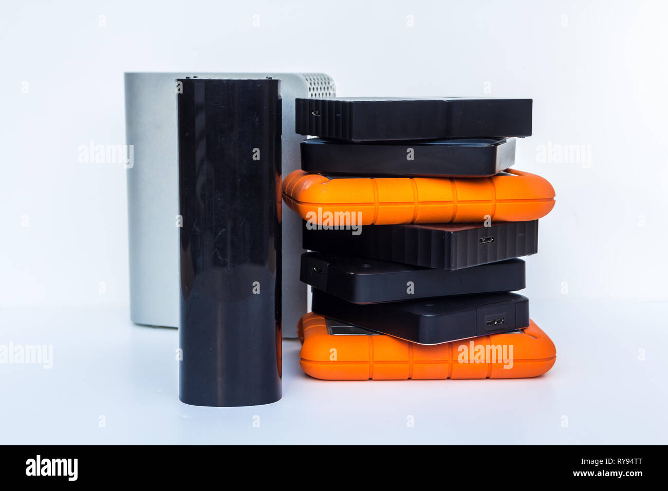 different kinds of external computer storage hard drives - isolated on ...