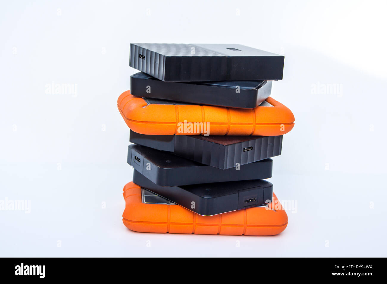 different kinds of external computer storage hard drives - isolated on ...