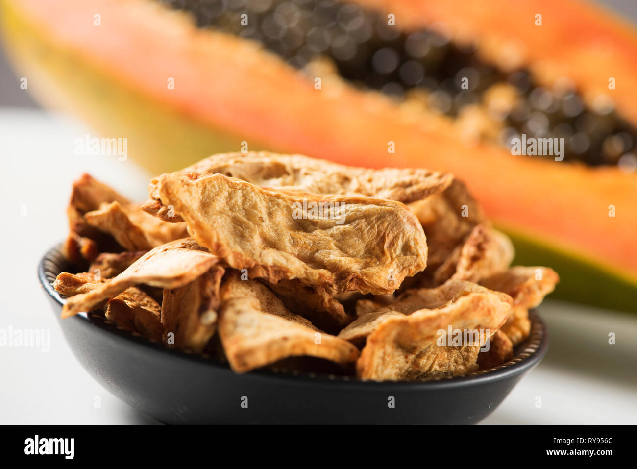 closeup of a ceramic bowl with some slices of dried papaya, served as ...