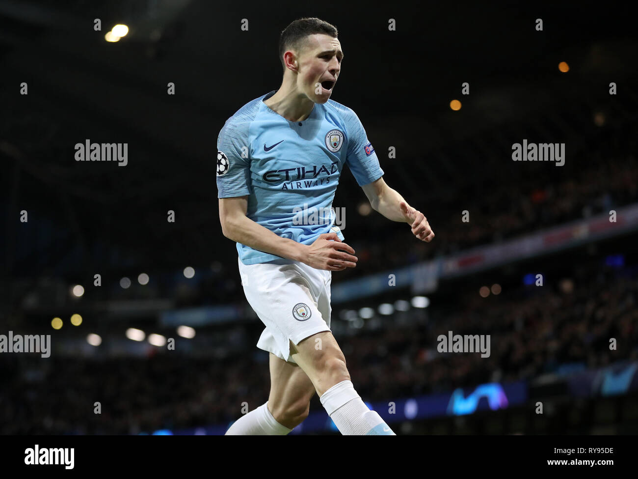 Manchester City's Phil Foden celebrates scoring his side's sixth goal ...