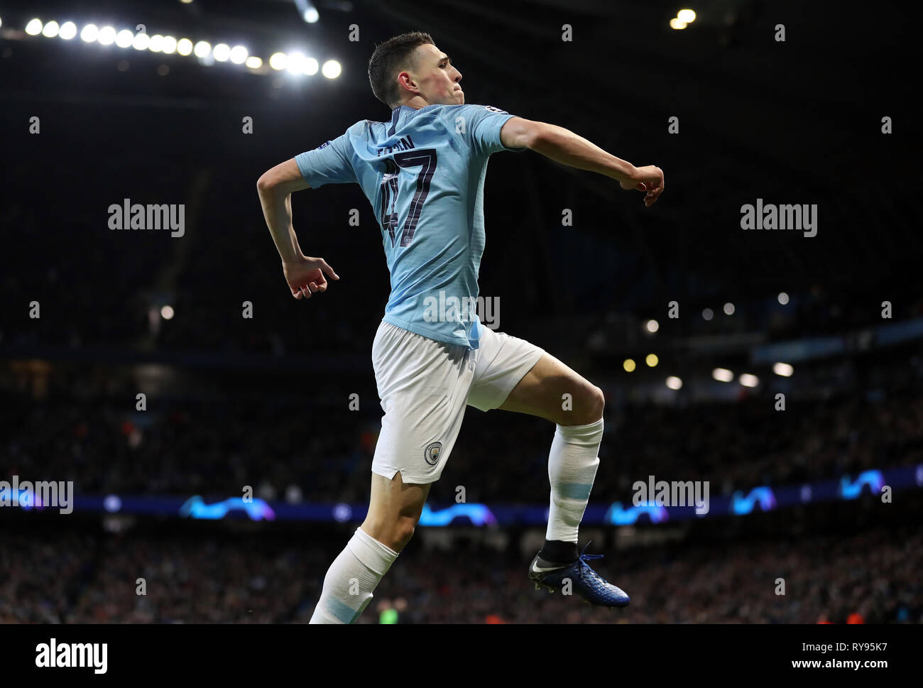 Manchester City's Phil Foden celebrates scoring his side's sixth goal ...