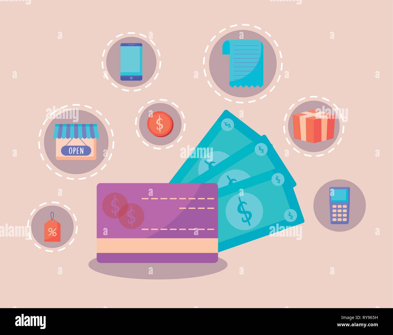 credit card with bills and commercial icons vector illustration design ...