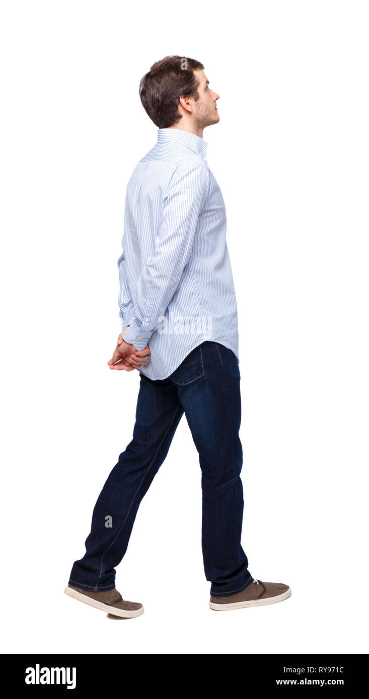 Side view of going handsome man. walking young guy . Rear view people ...