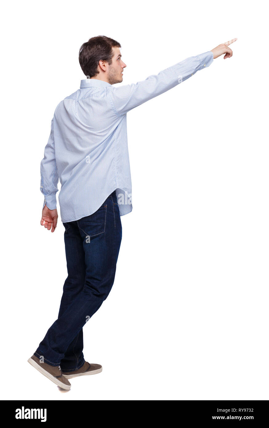 Back view of a man walking with a pointing hand. going guy showing ...
