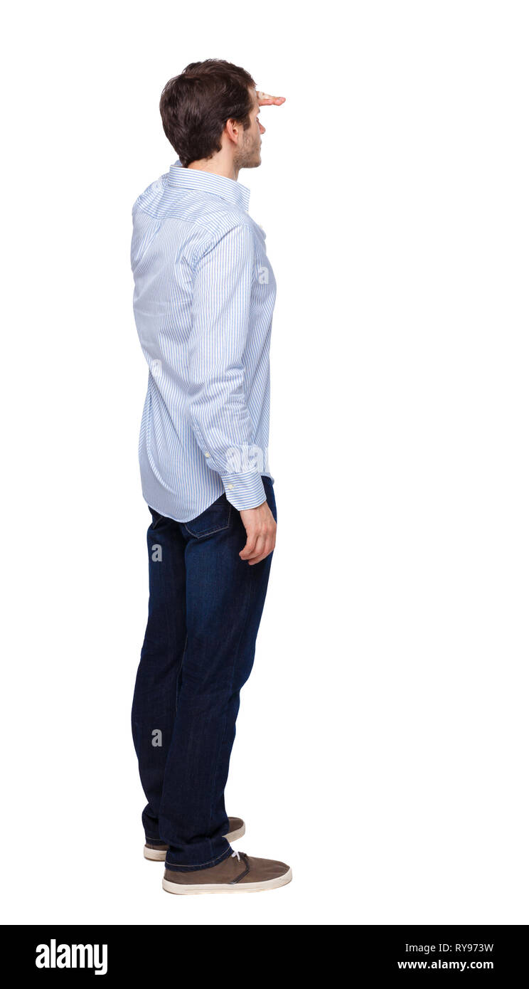 Back view of man in dark jeans. Standing young guy. Rear view people ...