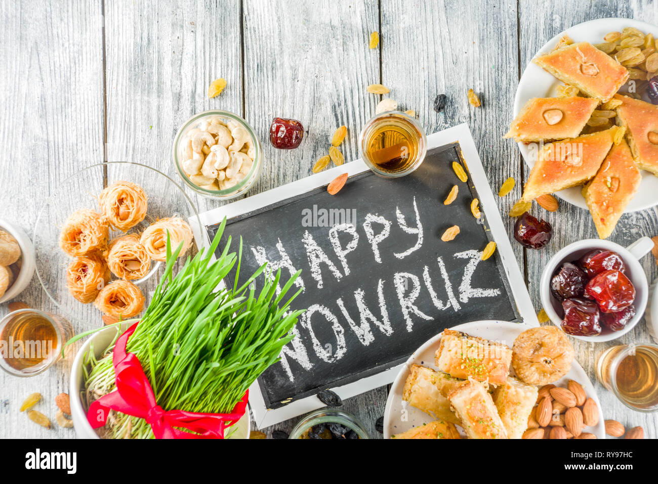 Happy Nowruz holiday background. Celebrating Nowruz sweets and treats ...