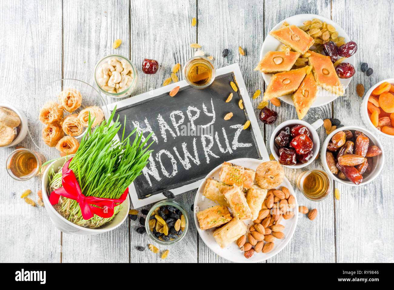 Happy Nowruz holiday background. Celebrating Nowruz sweets and treats ...