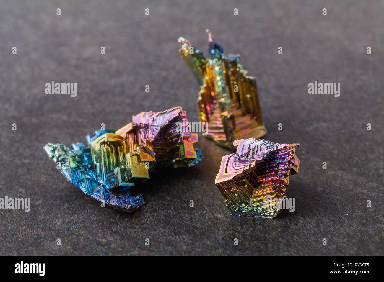 Bismuth crystals on a dark background. This is the most strongly ...