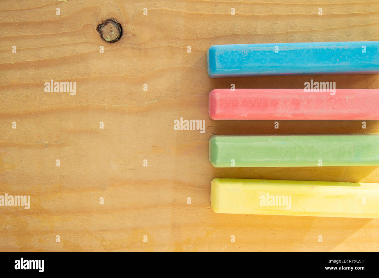 Flat lay, chalk on wooden Board background, back to school, copy space ...