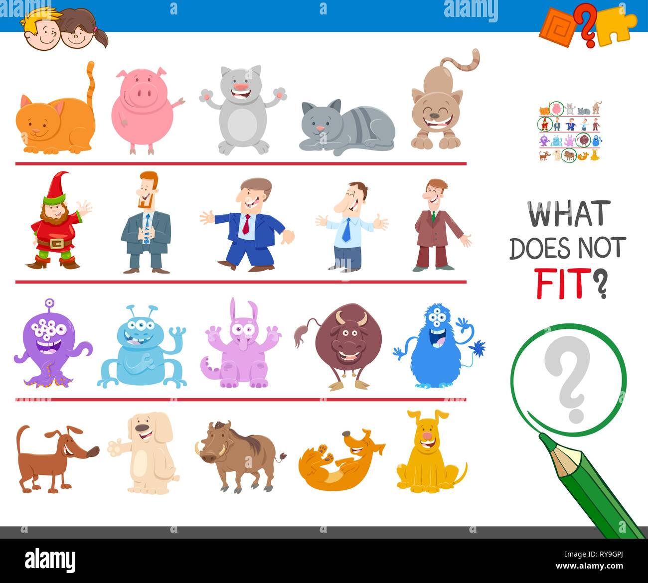 Cartoon Illustration of Finding Picture that does not Fit in a Row ...