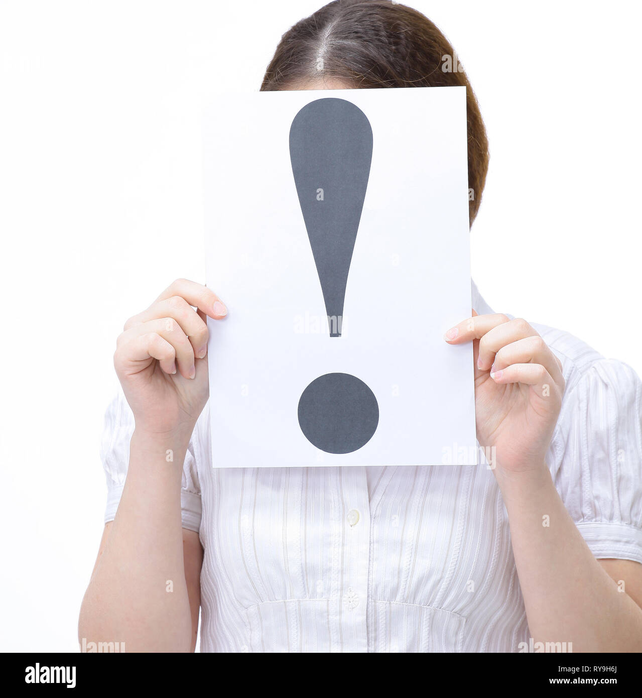 modern young woman showing an exclamation mark. isolated on white Stock ...