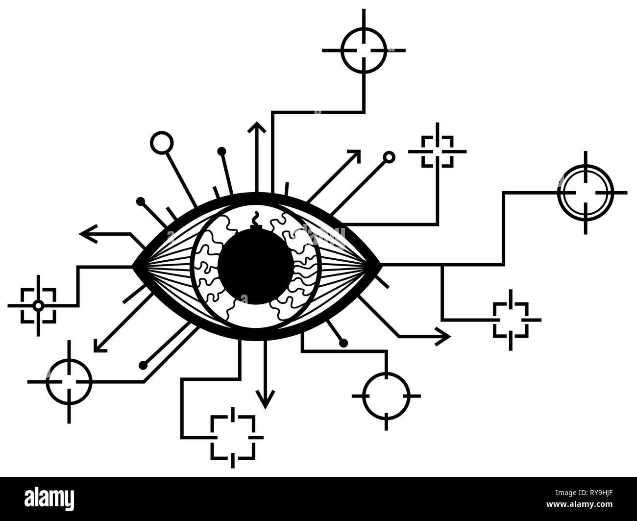Eye targets surveillance symbol drawing stylized black, vector ...