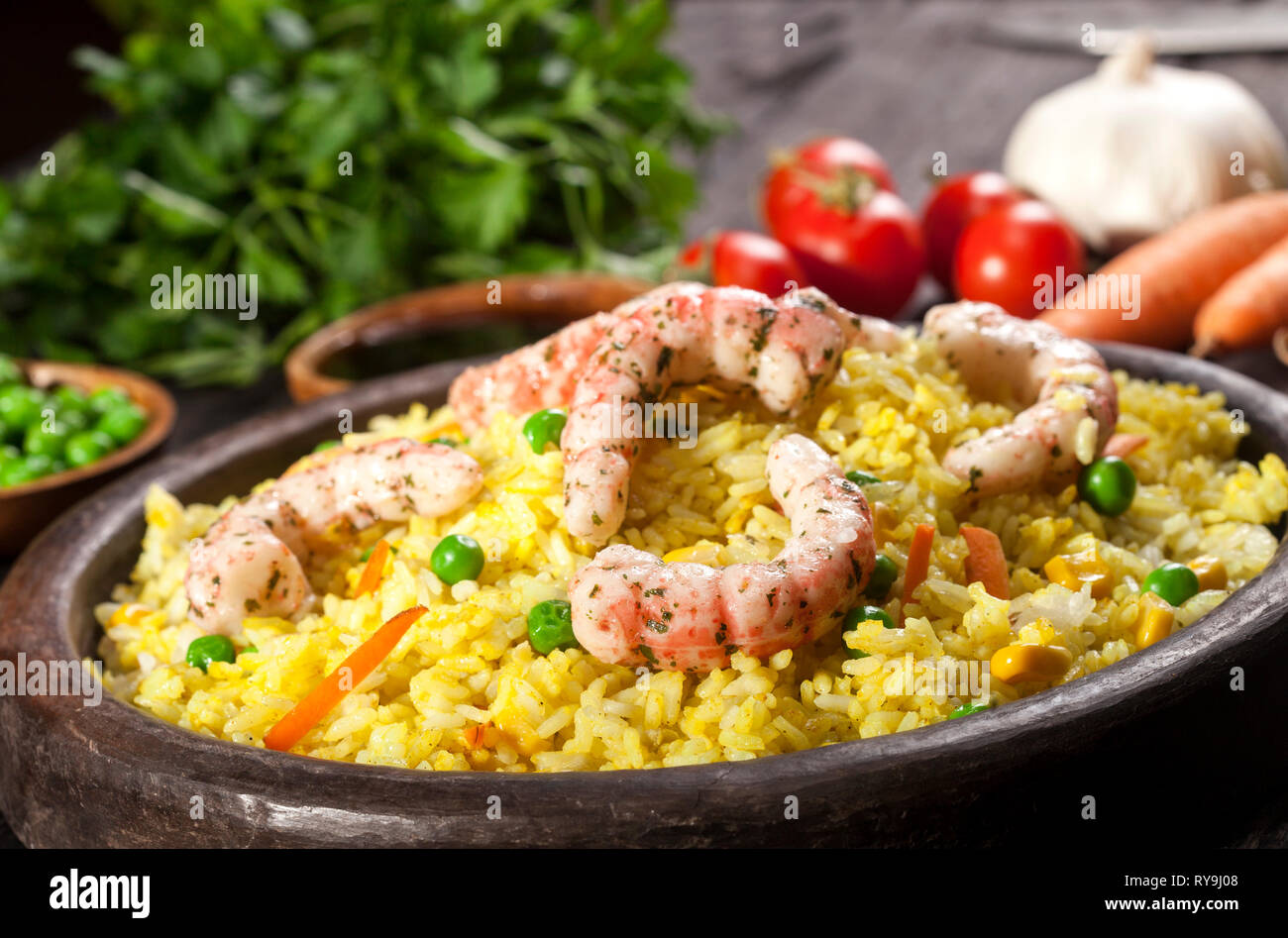 Grain shrimp white rice and vegetable dish hi-res stock photography and ...