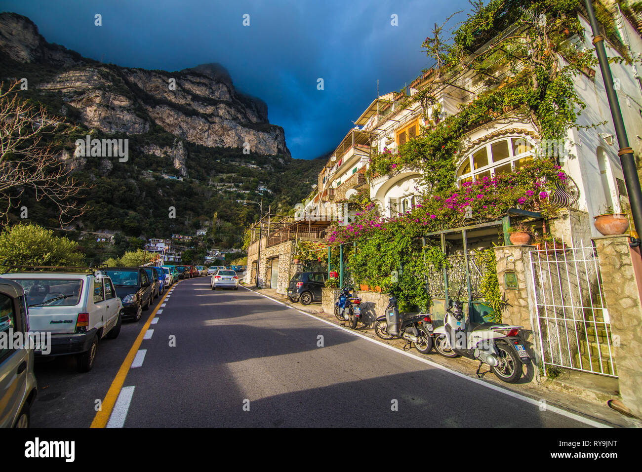 Positano, Italy - November, 2018 : View of the main street on sunny day ...