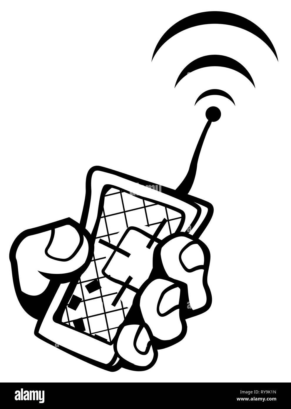 Gadget remote in hand showing location signal line drawing black ...