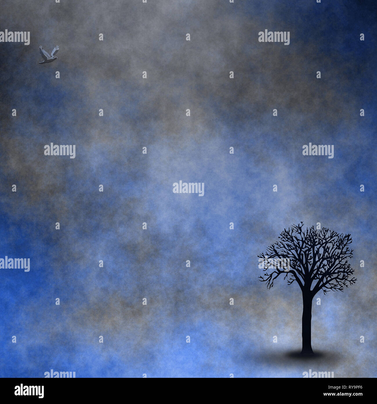Modern art. Tree of Darkness and Dove in the sky Stock Photo - Alamy