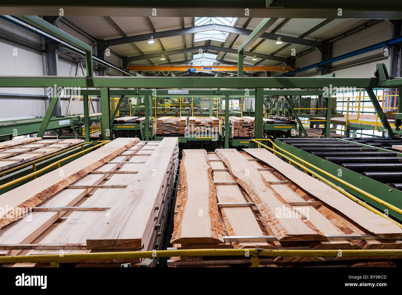 Lumber on conveyor belt in factory Stock Photo - Alamy