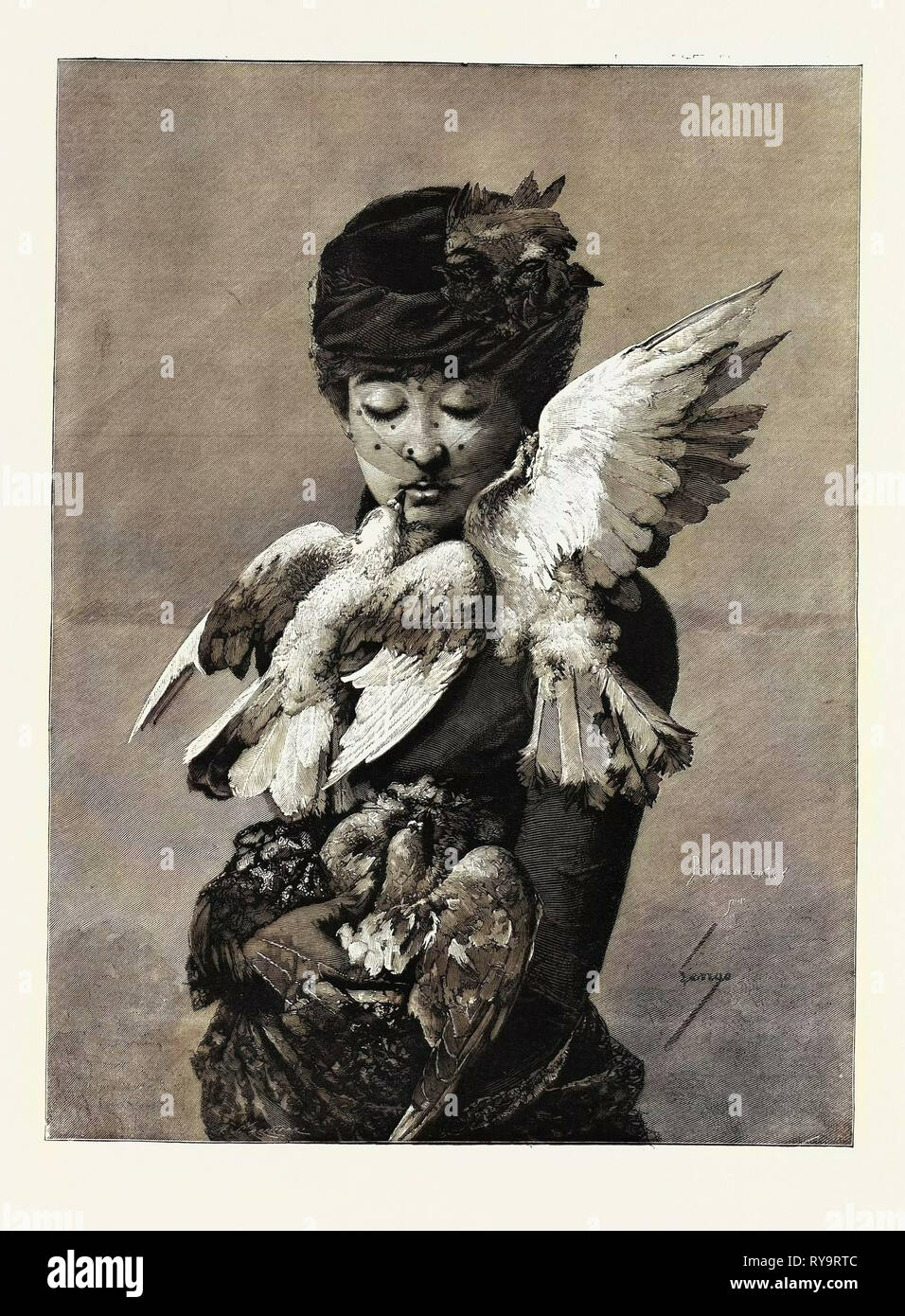 Lady and Pigeons, Fashion, Engraving 1882 Stock Photo - Alamy