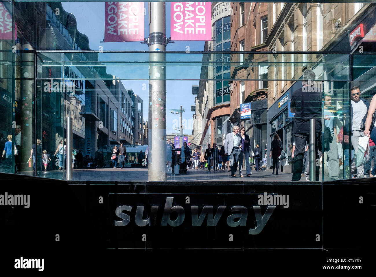 Subway entrance and sign looking down Buchanan street station Glasgow ...
