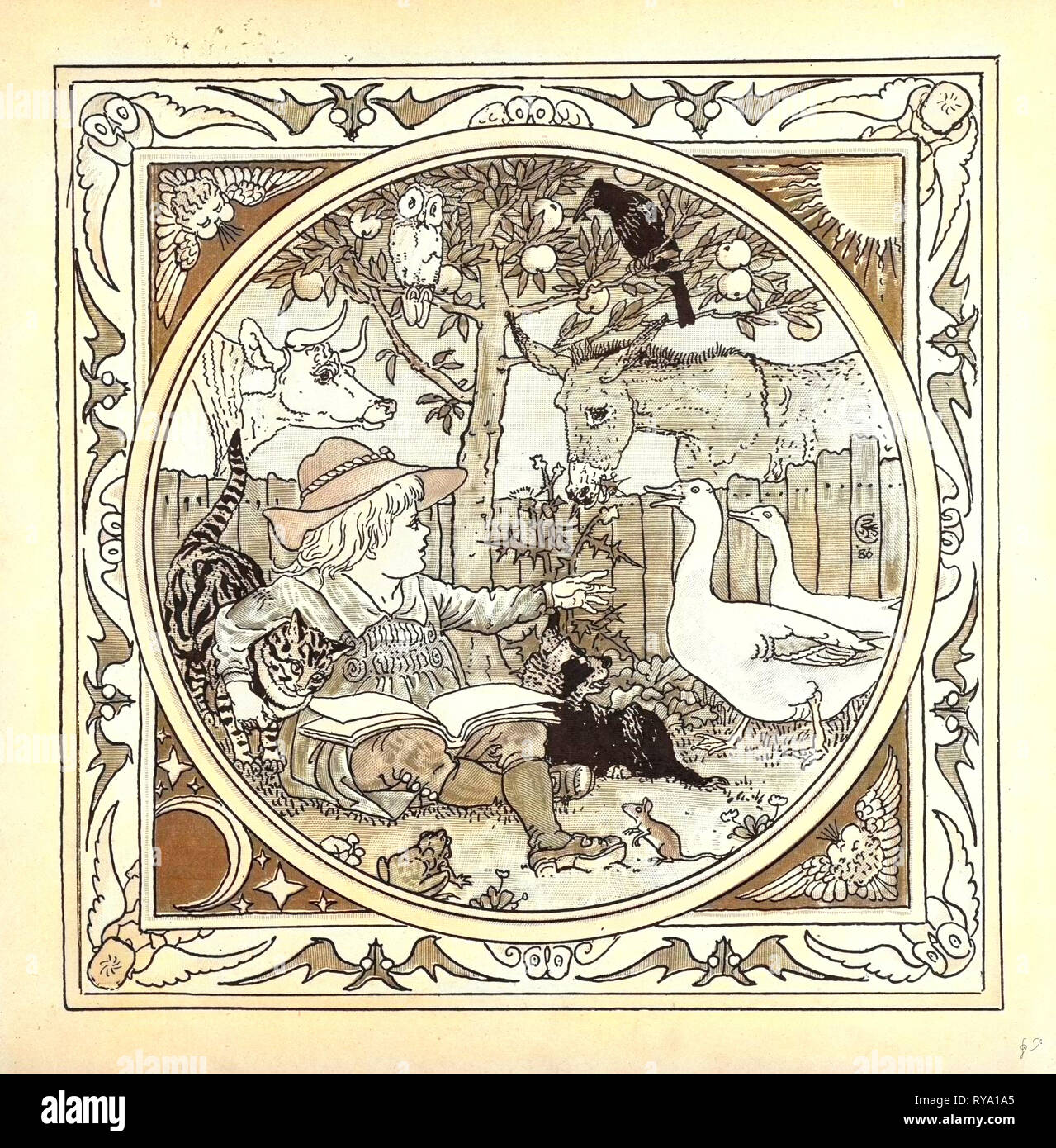 A Child Surrounded by a Cat Donkey Geese a Raven a Mouse a Frog an Owl ...