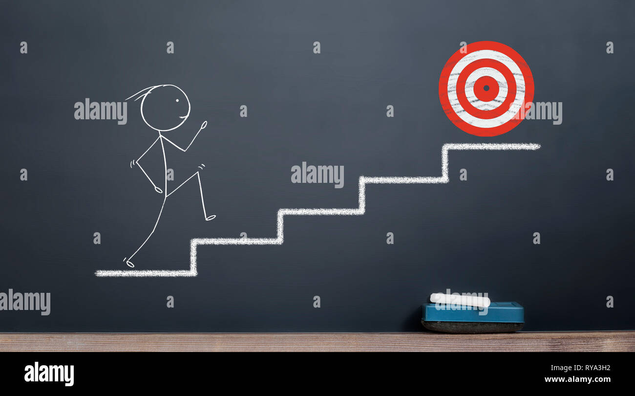 stickman going out of stairs to reach red target. success and target ...