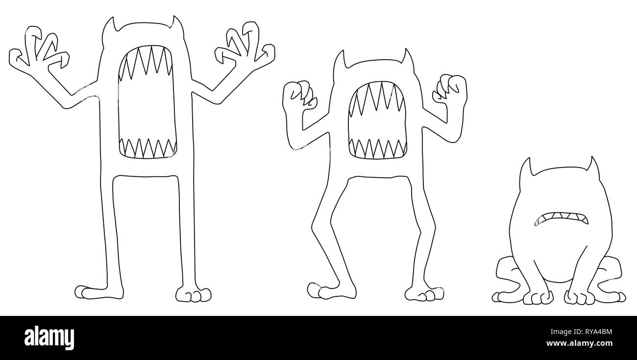 Monster scare growl poses, vector, horizontal line drawing, over white ...