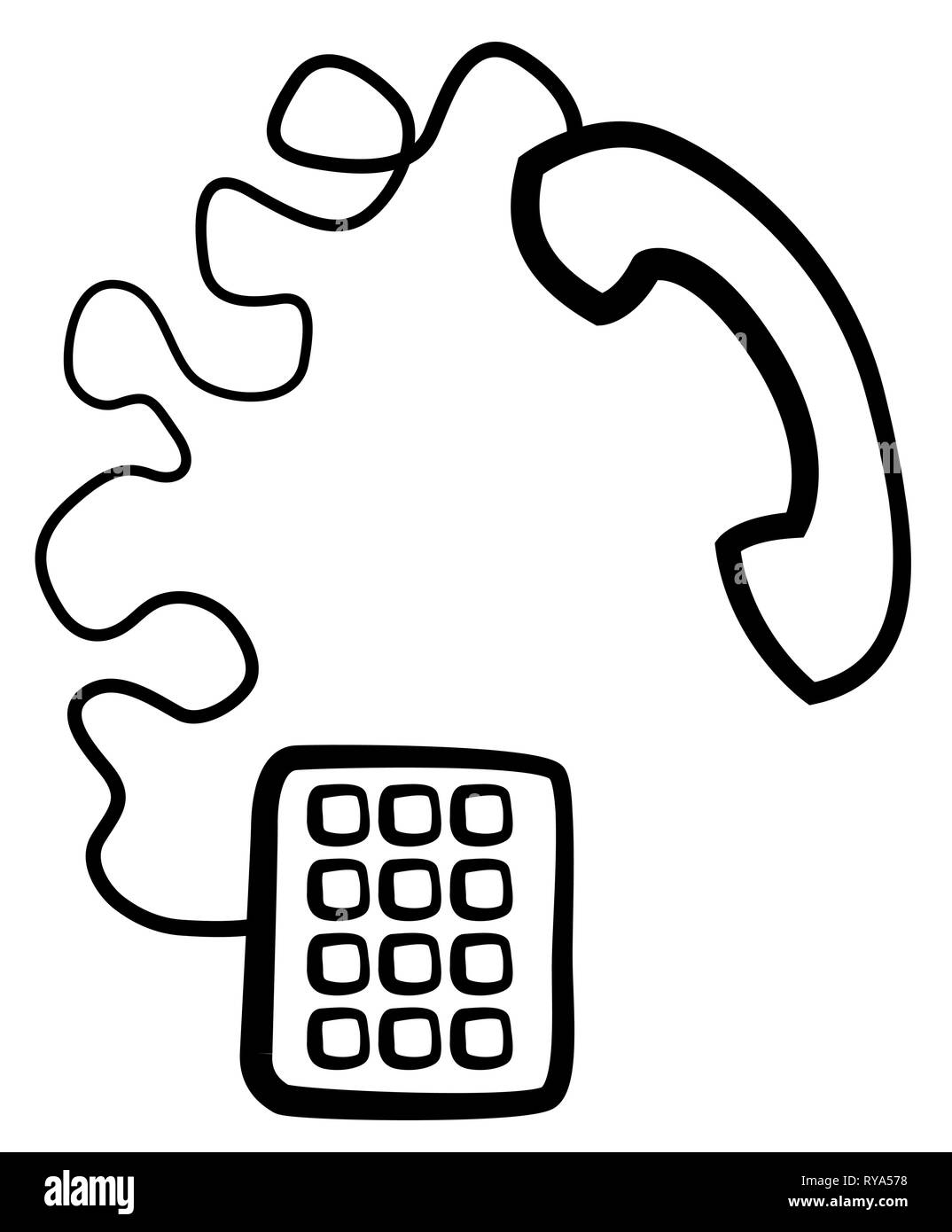 Phone receiver cable and box symbol retro line drawing black, stylized ...