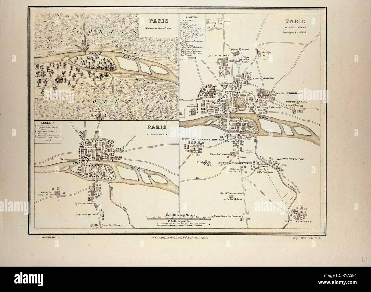 Map of Paris in 60 B.C. In the 4th Century and in the 12th Century ...