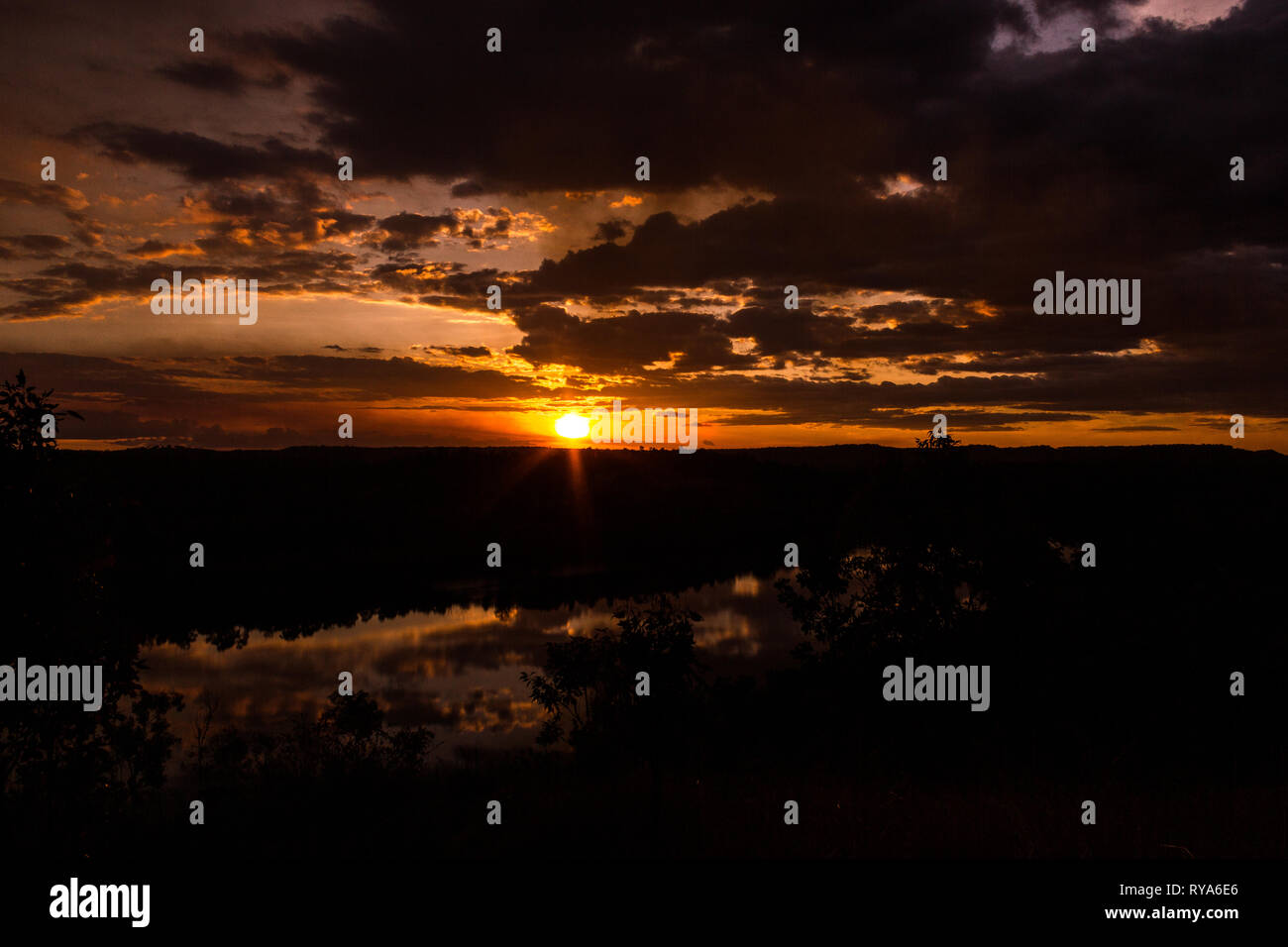 shot of a beautiful sunset in the australian outback with 1 lakes ...