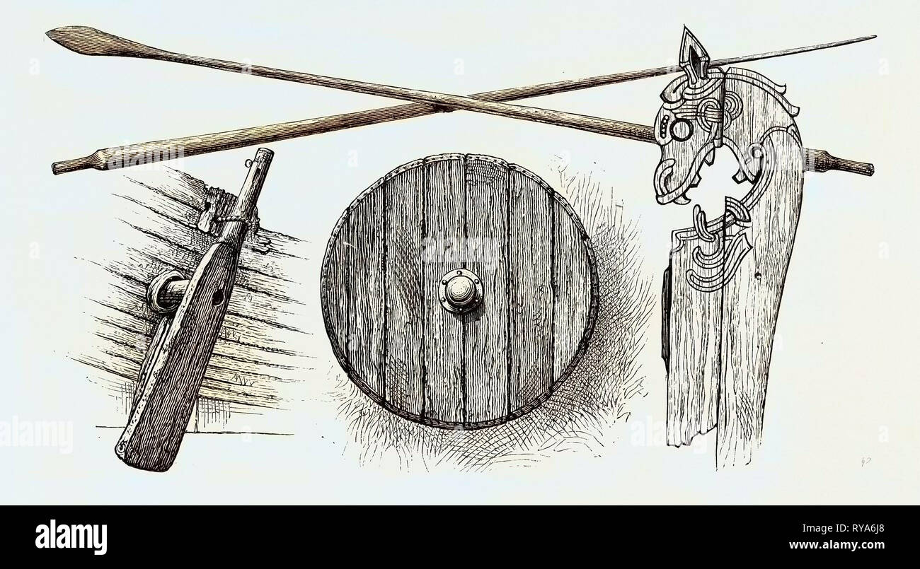 The Viking's Ship: The Rudder, Oars, a Shield and One of the Tilt-Heads ...