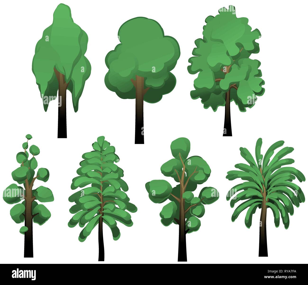 Trees seven types design element set, isolated vector, horizontal Stock ...